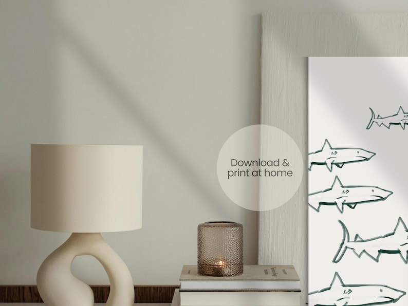 Minimal Shark Art Print, Coastal Wall Art for Oceanfront Cottage, Hand ...
