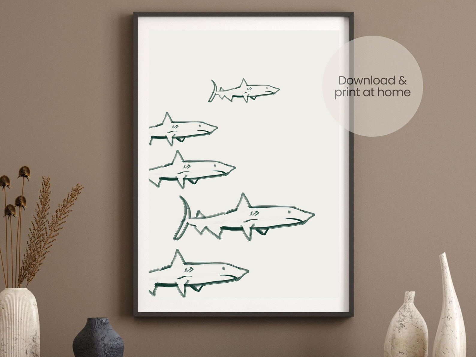 Minimal Shark Art Print, Coastal Wall Art for Oceanfront Cottage, Hand ...
