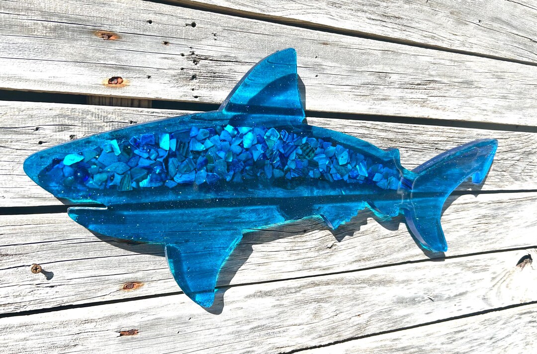 Shark Wall Mount Transparent Ocean Blue With Glitter and Shall Glass ...