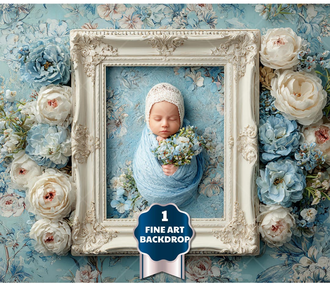 Blue Floral Frame Newborn Digital Backdrop: Vintage Flower Bed (digital ...