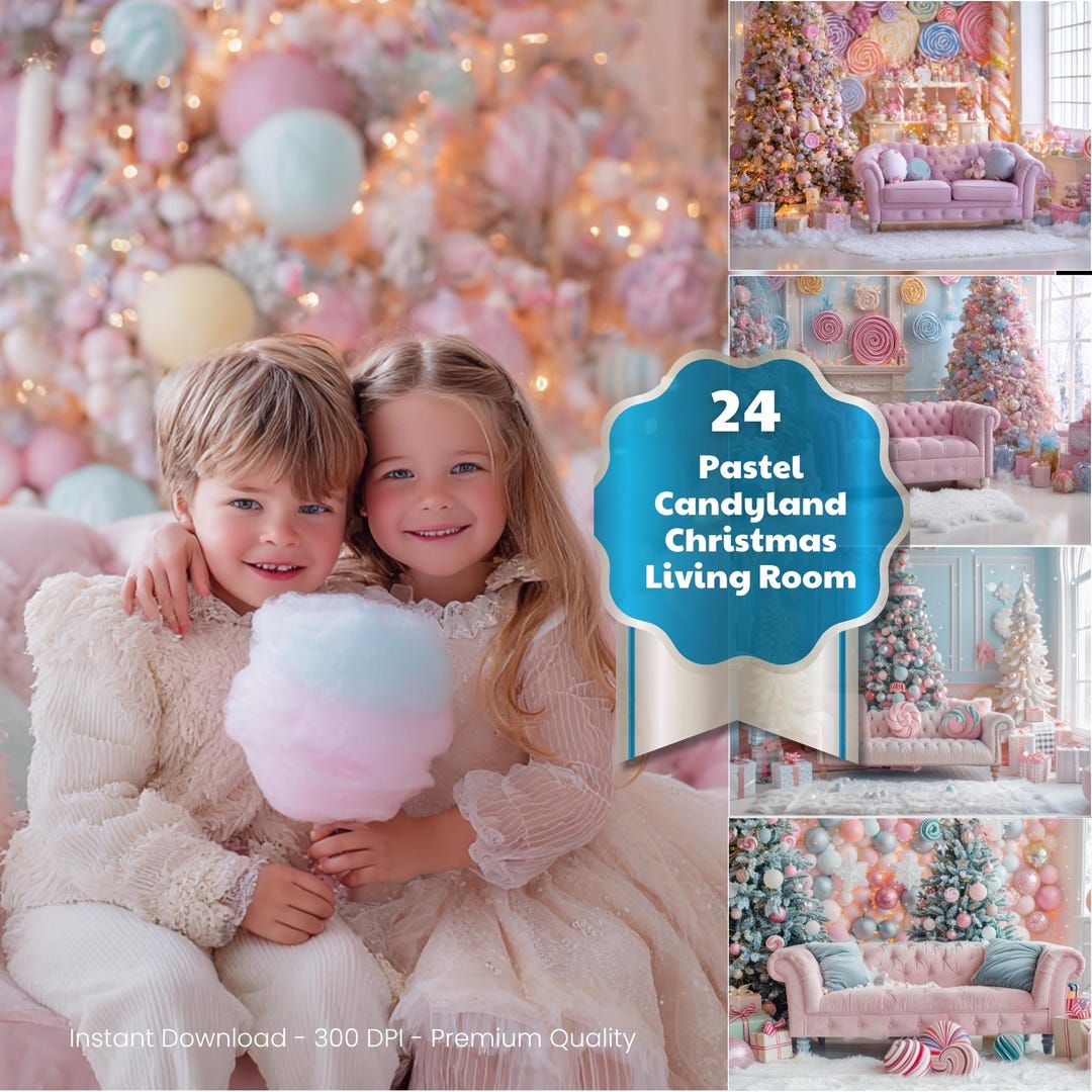 Pastel Candyland Christmas Living Room Backdrop, Pink Sofa Tree Scene ...