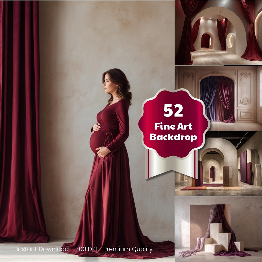 Minimalist Maternity Backdrop: Arched Walls, Burgundy Curtains (digital ...