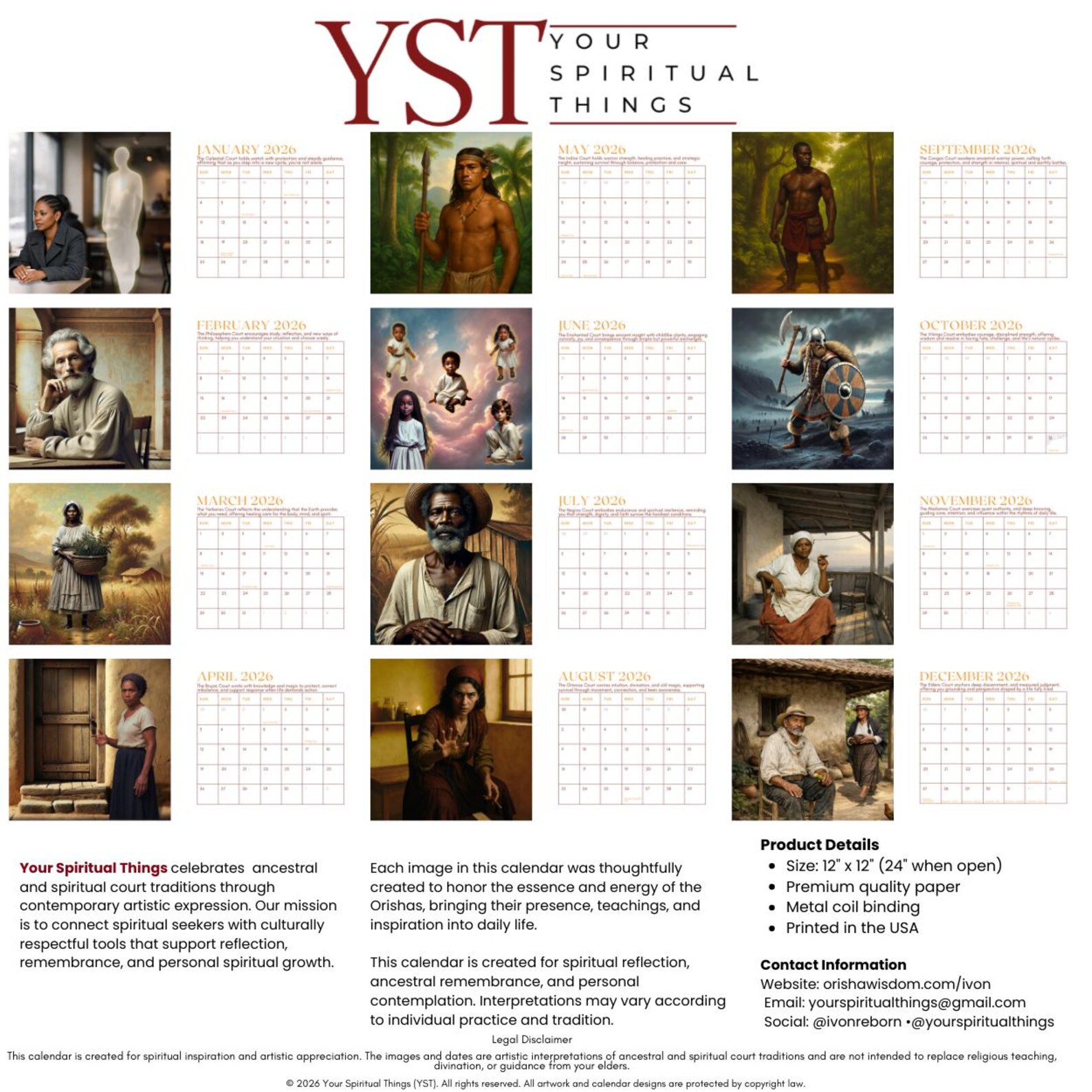 Spiritual Courts 2026 Wall Calendar | Spirit Guides & Ancestors | Pagan ...