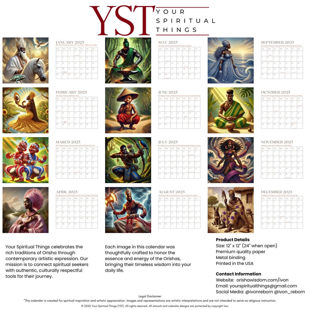 2025 Orisha Wall Calendar - 12x24 Spiritual Art Calendar - Monthly ...