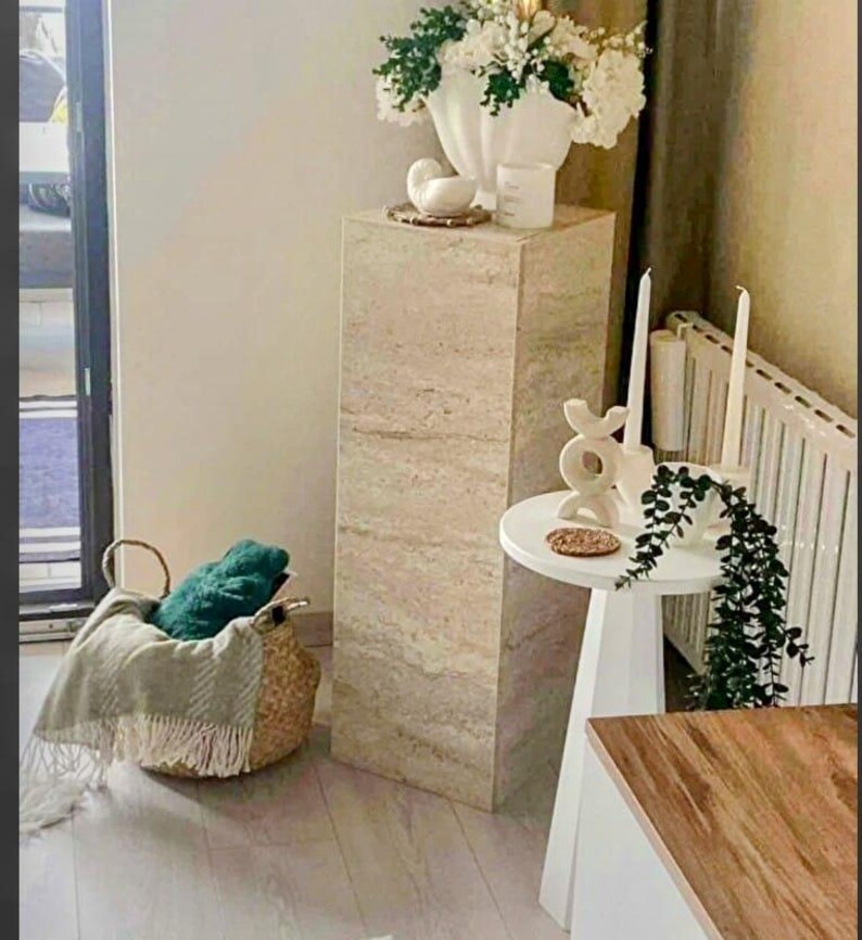 Travertine Look Side Table, Minimalist Pedestal Stand, Modern Display ...