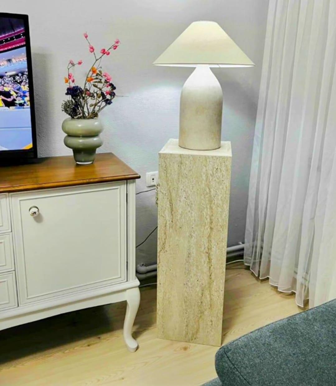 Travertine Look Side Table, Minimalist Pedestal Stand, Modern Display ...