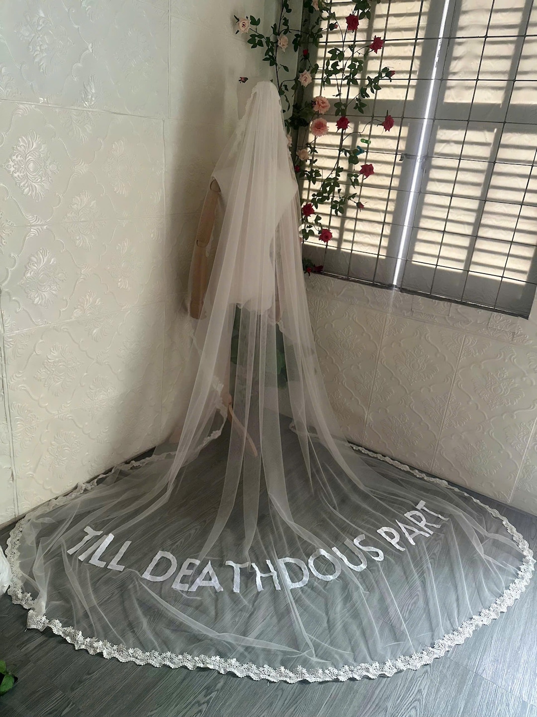 Custom Embroidered Bridal Veil, 'till Death Do Us Part', Lace Edging - Etsy