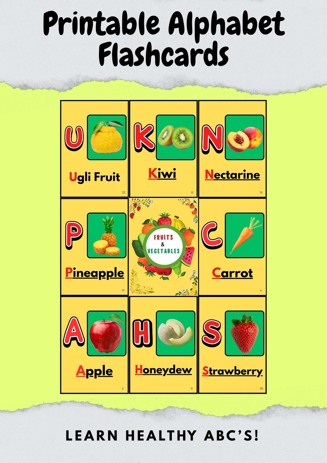 Alphabet Flashcards With Fruits & Vegetables – Early Learning Cards - Etsy