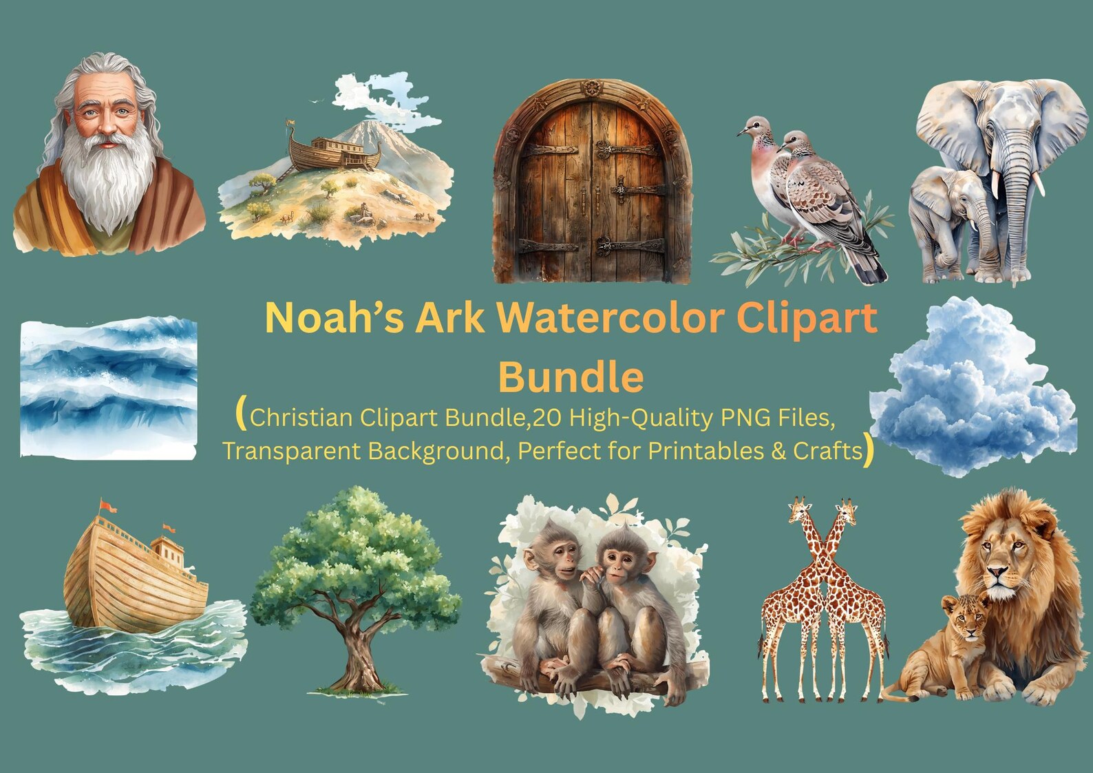 Noah's Ark Watercolor Clipart Bundle | Bible Story PNG (digital ...