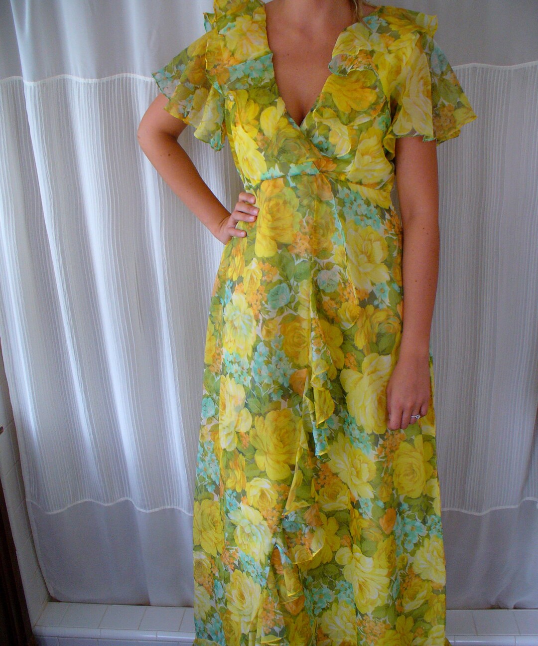 Rare Vintage 1960s Summer Yellow Mod Maxi Dress-floral Fanta Chiffon - Etsy