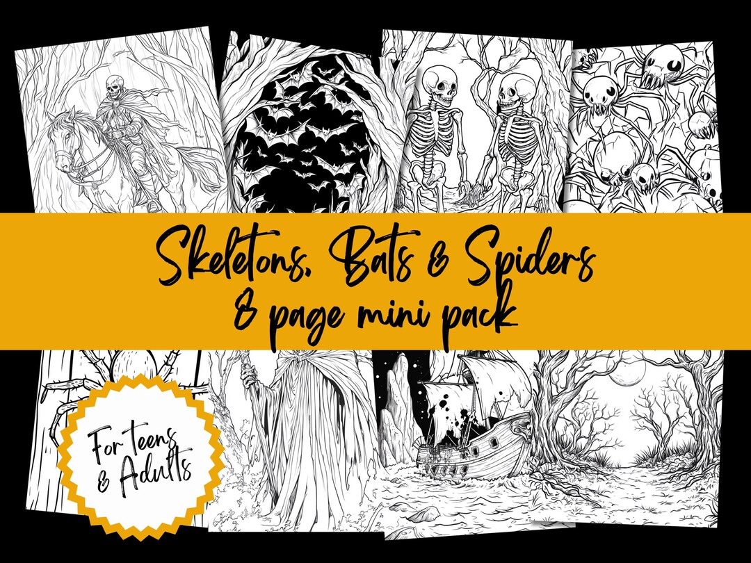 Spooky Halloween Coloring Pages, Skeletons, Bats, Spiders (digital ...
