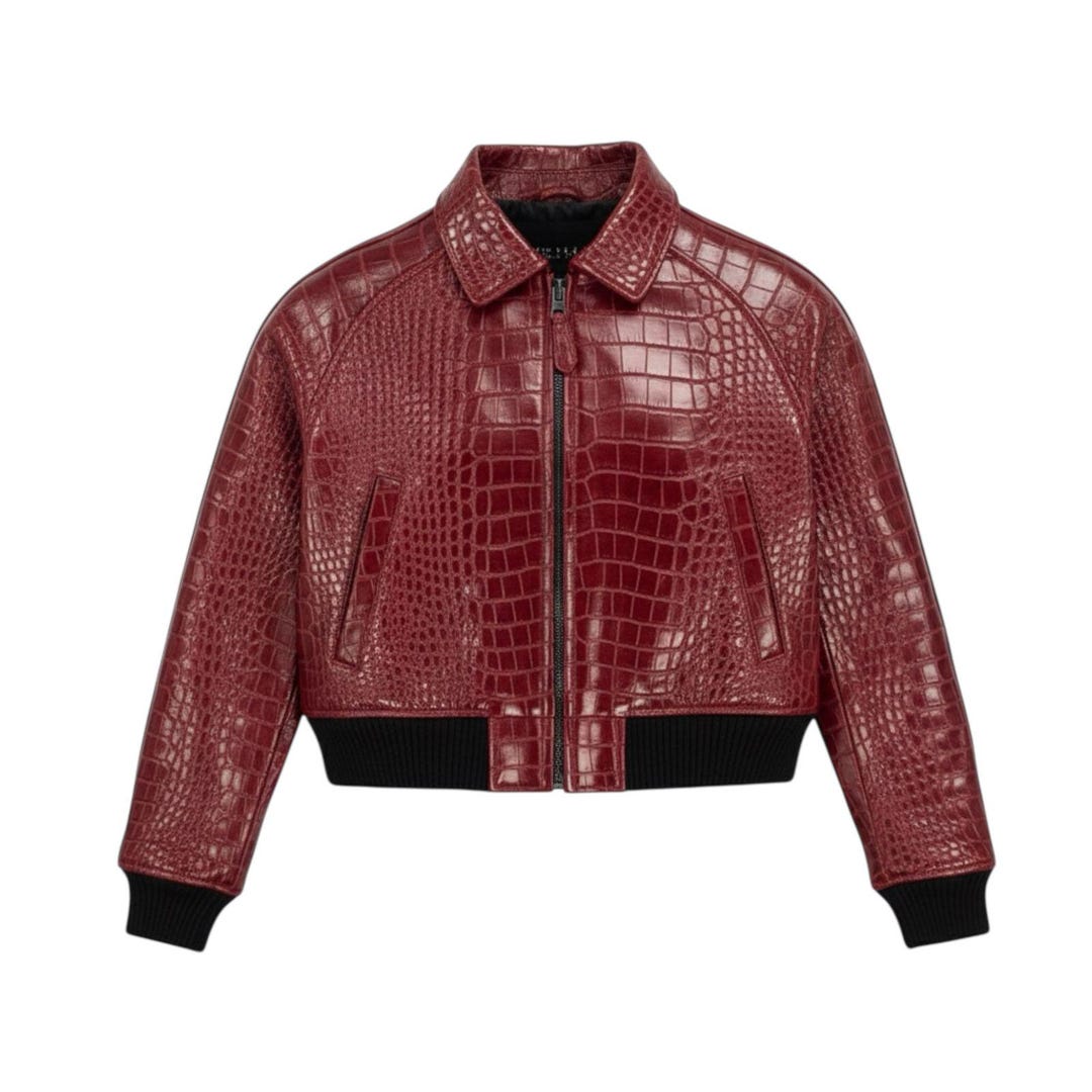Croc-embossed Red Leather Jacket — Women’s Cropped Bomber, Handmade ...