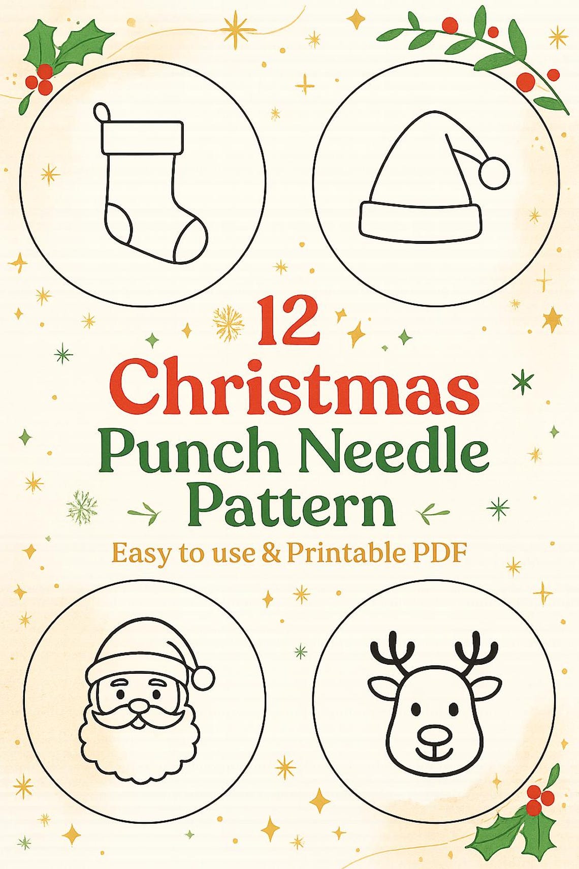 Christmas Punch Needle Pattern Set | 12 Designs in 3 Sizes (8cm, 10cm ...