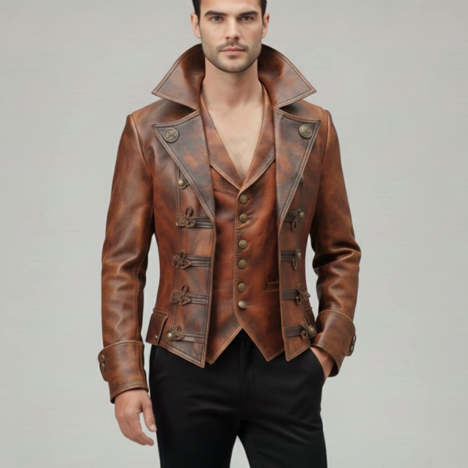 Men Vintage Brown Steampunk Leather Jacket – Gothic Victorian Pirate ...
