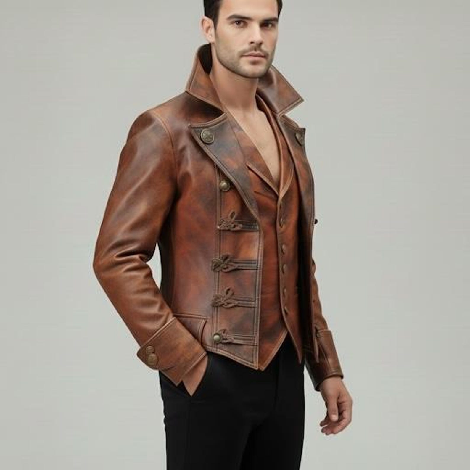Men Vintage Brown Steampunk Leather Jacket – Gothic Victorian Pirate ...