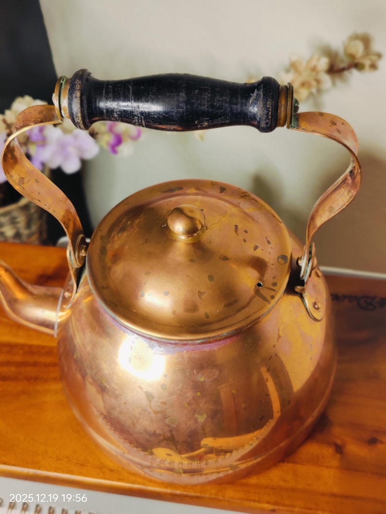 Vintage Copper Tea Kettle With Black Wood Handle, Rustic Farmhouse ...