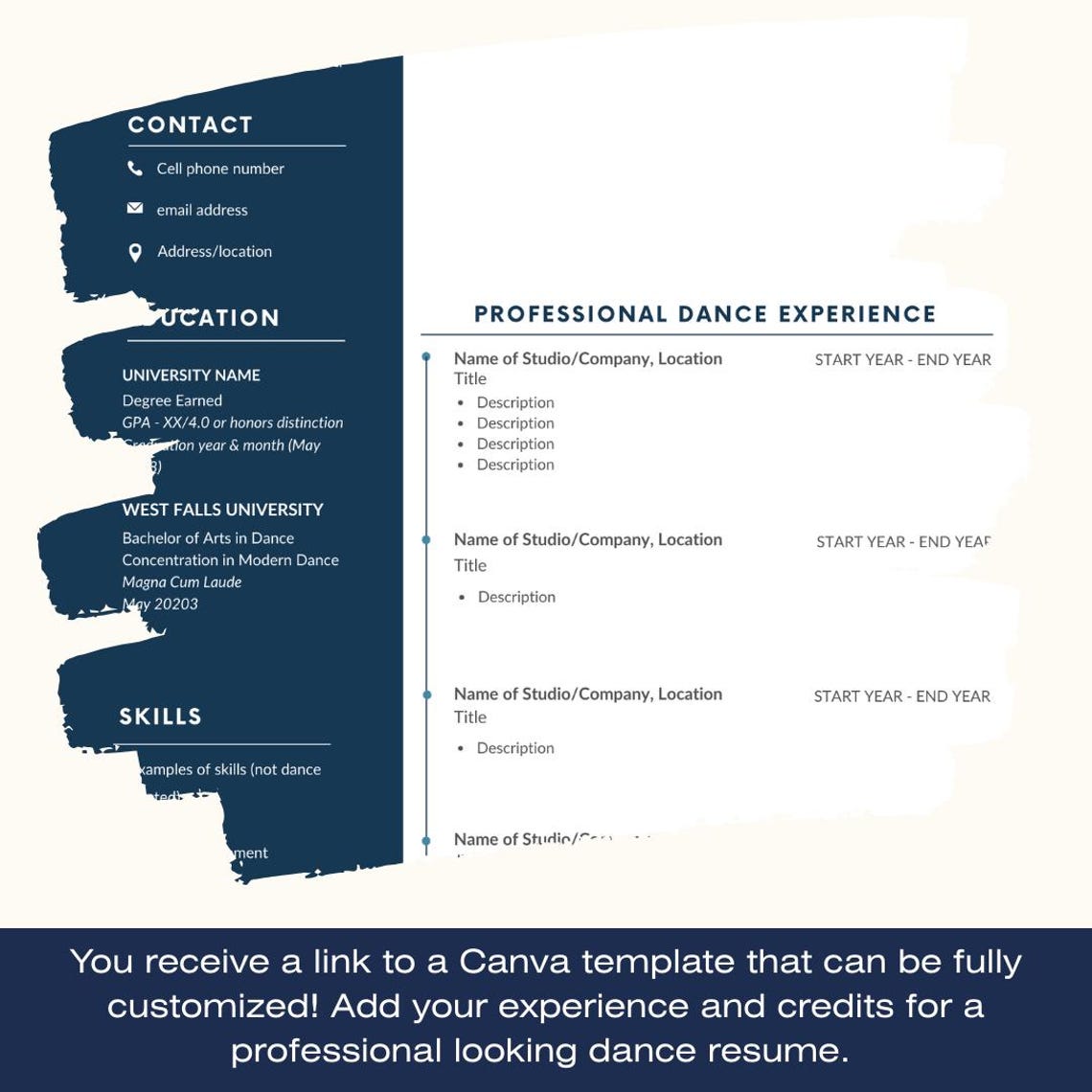Instant Download Canva Template Professional Dance Resume | Full ...