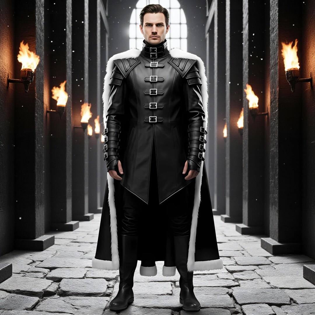 Black Leather Warrior Coat | White Fur Trim Gothic Cosplay Armor ...