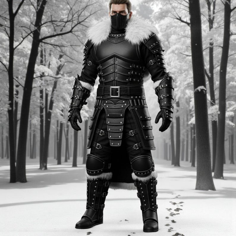 Genuine Leather Black Warrior Armor With White Fur | Medieval LARP ...