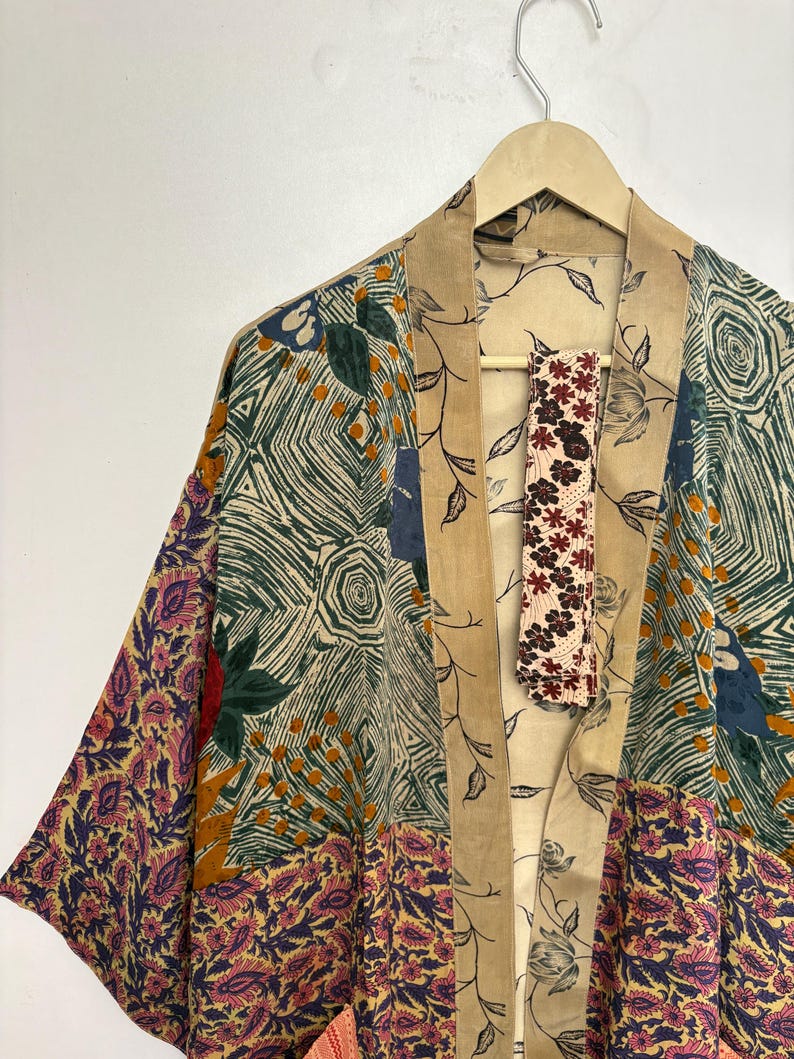 Long Bohemian Crepe Silk Kimono | Handmade Vintage Silk Robe ...