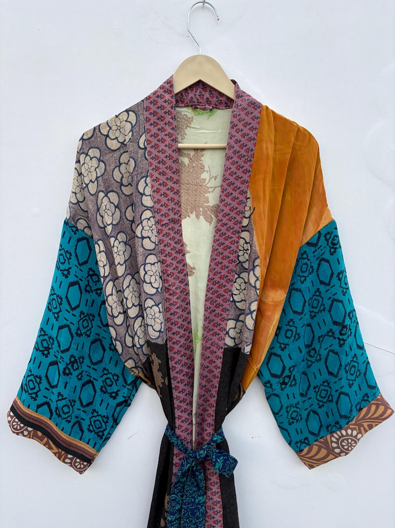 Recycled Crepe Silk Kimono Robe, Boho Floral Patchwork Jacket ...