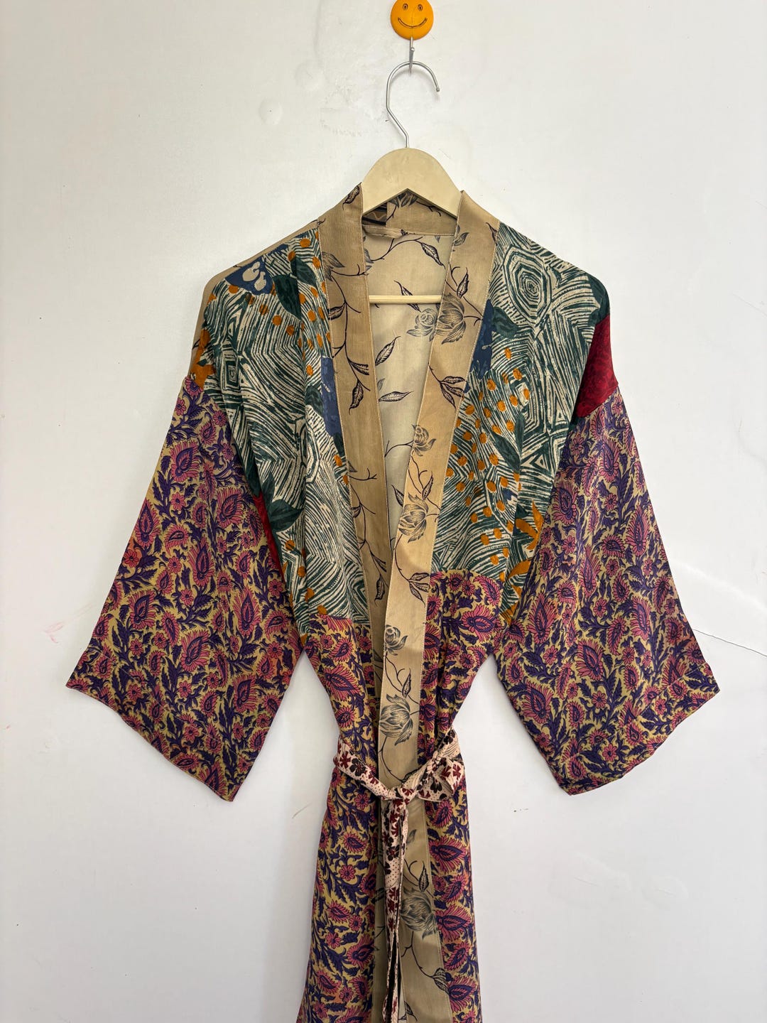 Long Bohemian Crepe Silk Kimono | Handmade Vintage Silk Robe ...