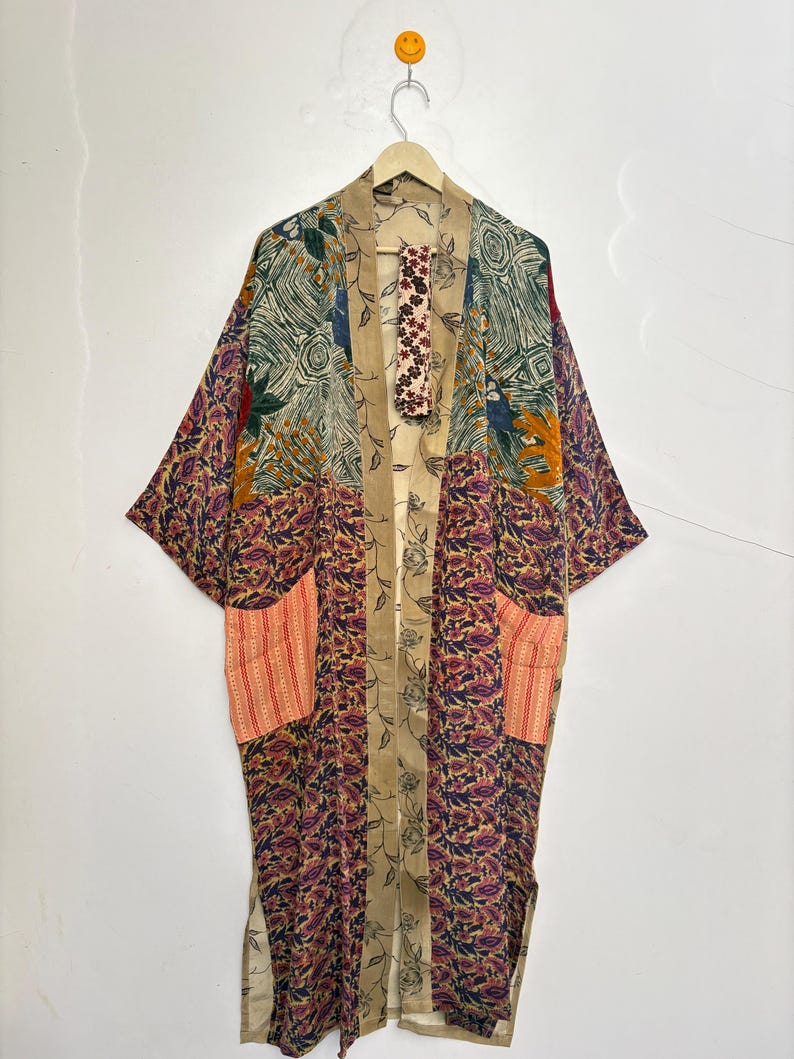 Long Bohemian Crepe Silk Kimono | Handmade Vintage Silk Robe ...