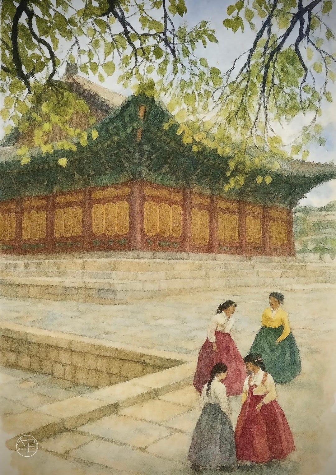 Korean Palace Watercolor Print – Traditional Hanbok Scene (digital ...