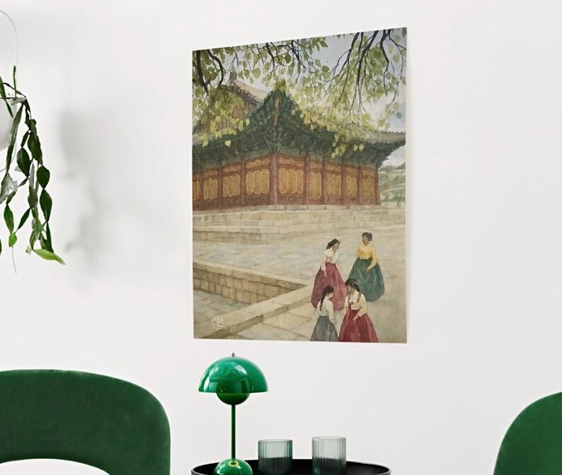 Korean Palace Watercolor Print – Traditional Hanbok Scene (digital ...