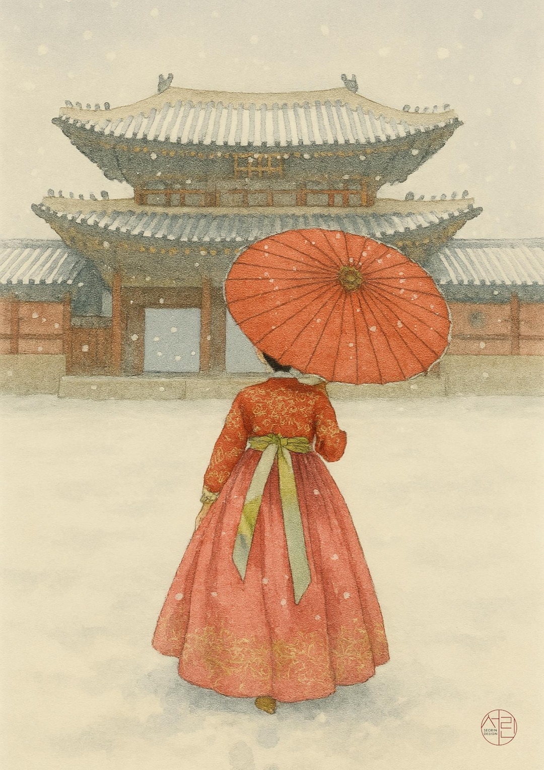 Korean Palace Watercolor Print – Hanbok in Snow Scene (digital Download ...