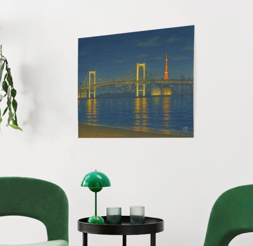 Tokyo Rainbow Bridge Watercolor Print – Japan Night Skyline (digital ...