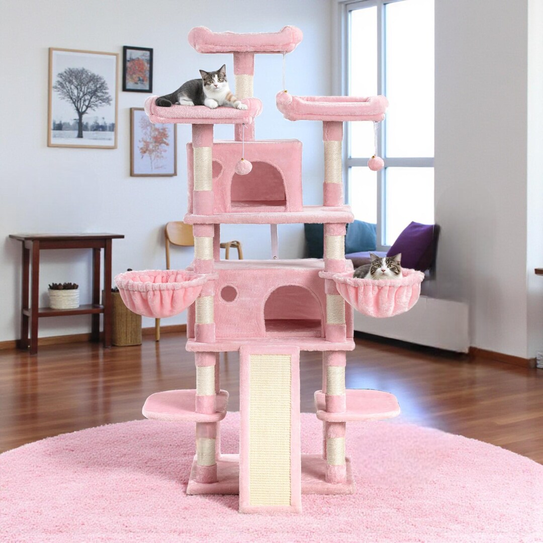 Tall Pink Cat Tree Multi-level Tower, Wooden Cat Furniture, Cat Condos ...