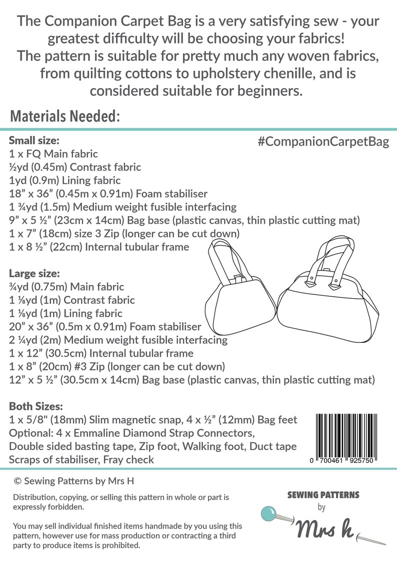 Carpet Bag Sewing Pattern – the Companion, Beginner Friendly (digital ...