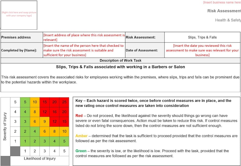 Slips, Trips & Falls Risk Assessment Template - Barbershop / Hair Salon ...