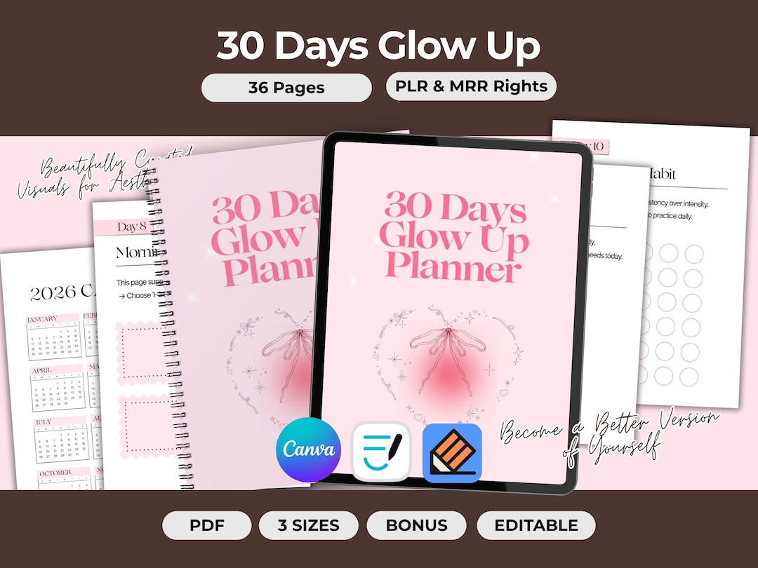 30 Day Glow up Planner PLR MRR, Habits & Reflection, Editable Canva ...