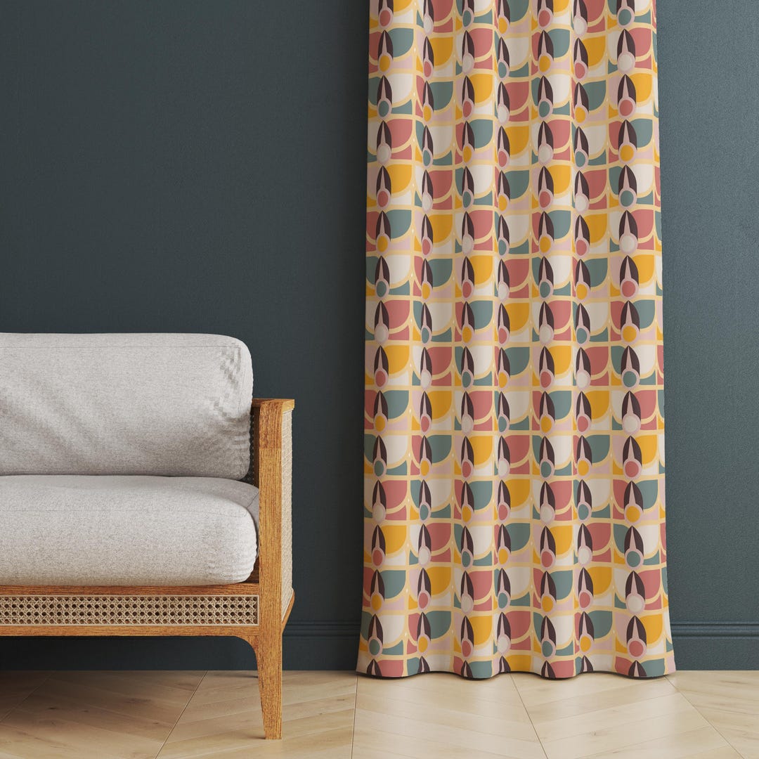 Mid-century Modern Curtain: Geometric Mustard Yellow Pink, Custom ...