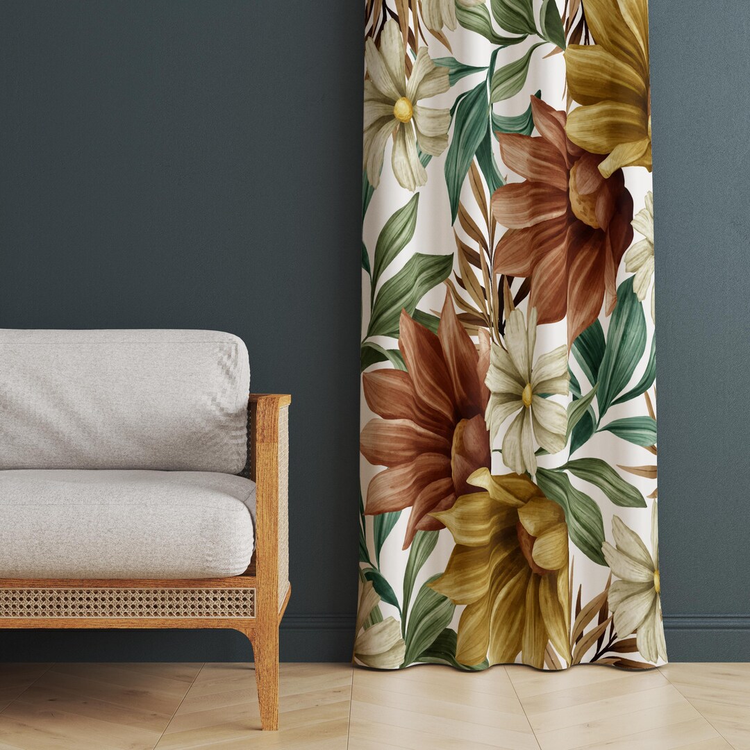 Earthy Brown Floral Curtain Panel: Flower Drapes - Etsy