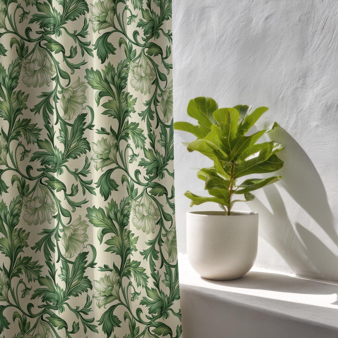 Green Art Nouveau Botanical Linen Curtain : Vintage Style Floral Print ...