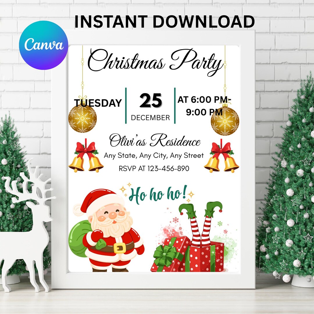 Christmas Party Invitation Template, Editable Digital Download, Santa ...