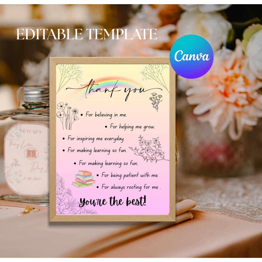 Printable Teacher Thank You Card: Rainbow Floral Design (digital ...
