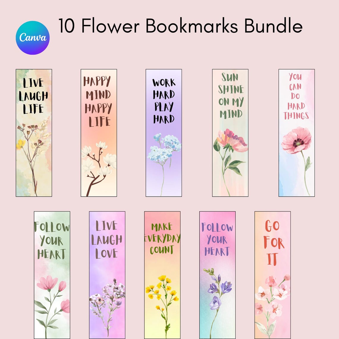 10 Flower Bookmarks Bundle | Digital Download Printable Bookmarks for ...