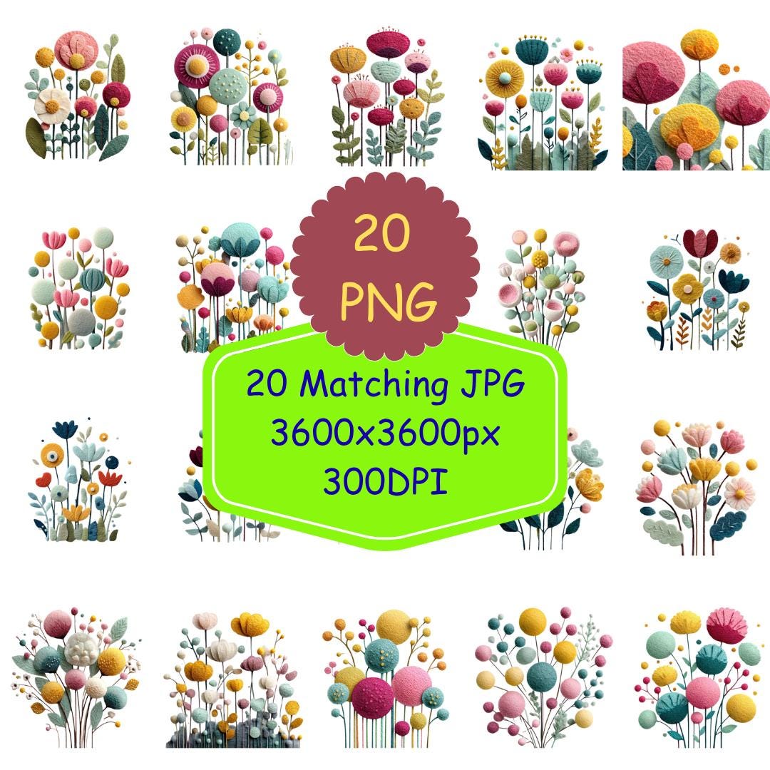 Cluster Flowers Clipart Bundle | Wool Felt Pastel Wildflowers PNG ...