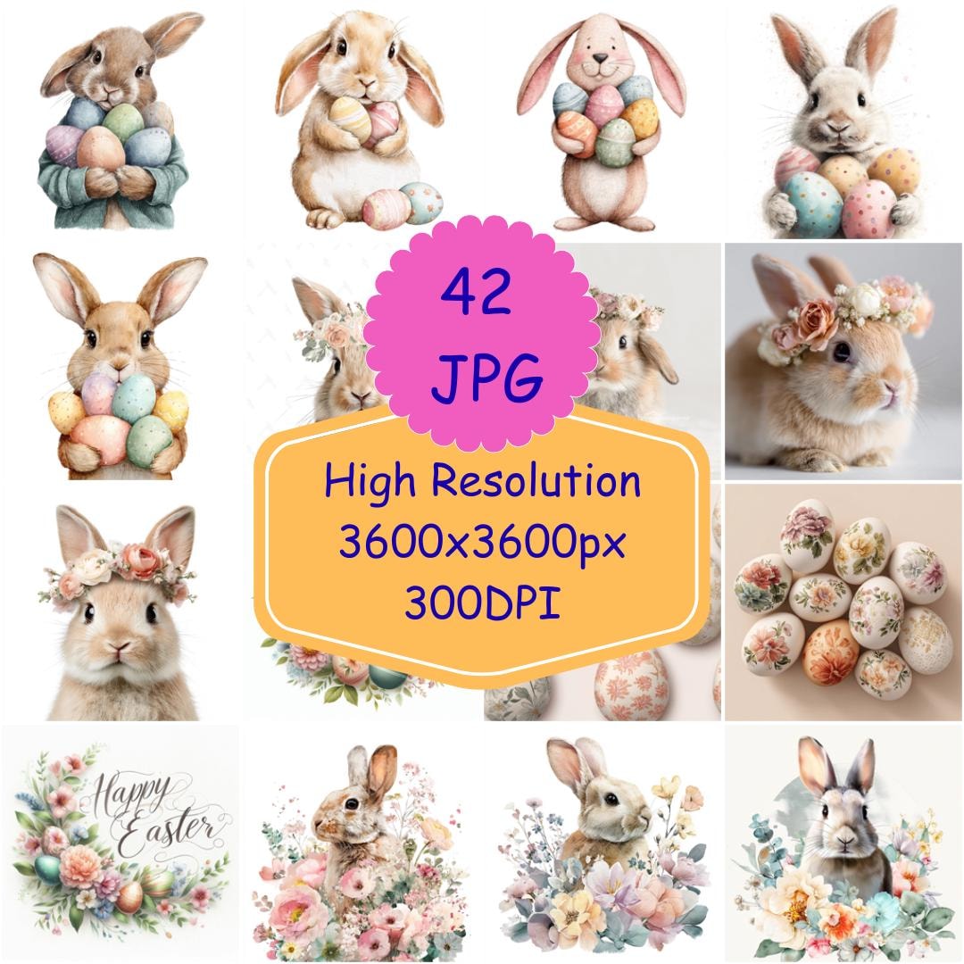 Watercolor Easter Bunny Clipart Bundle, Spring Floral Rabbits PNG ...