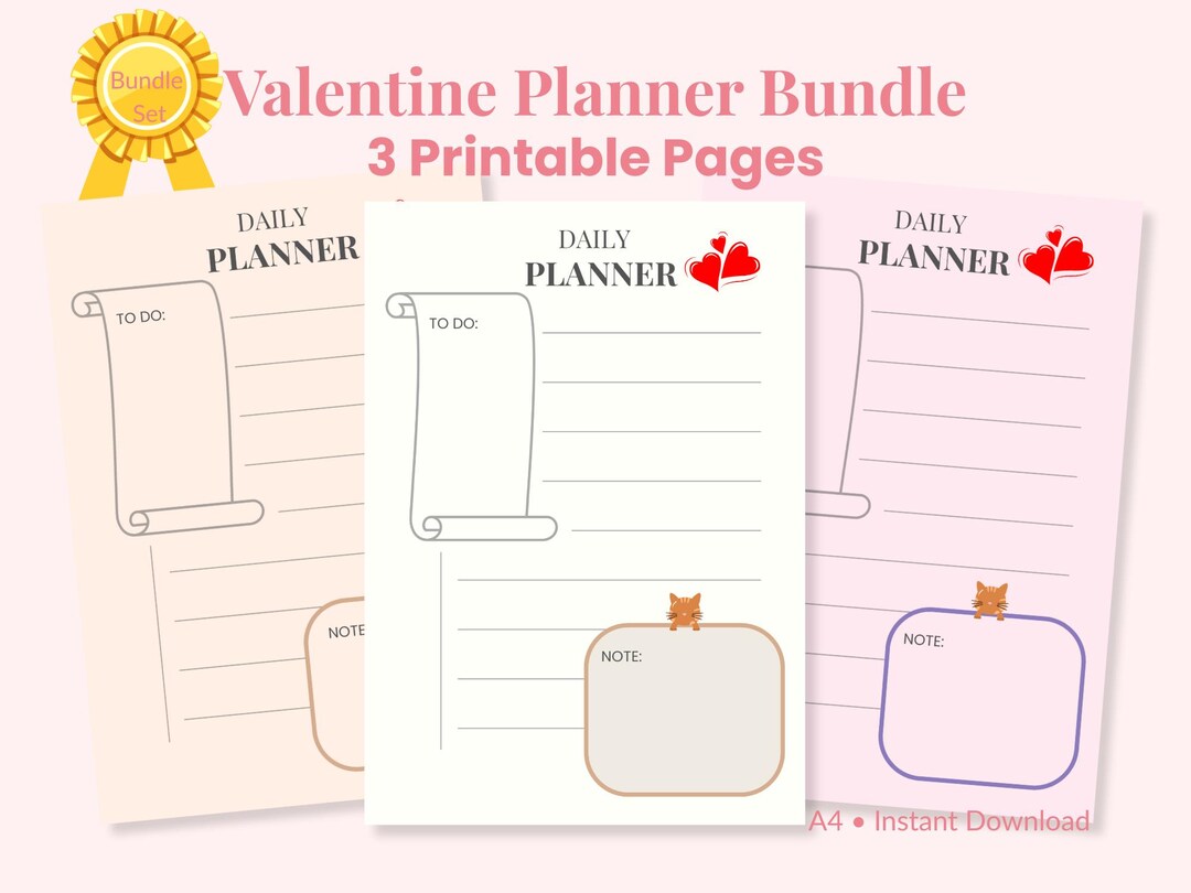 Valentine Planner Bundle Printable A4 | Pink Daily Planning Pages ...
