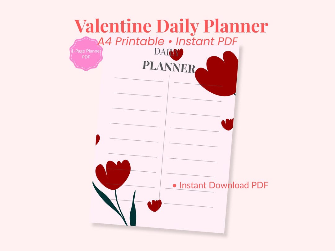 Valentine Daily Planner Printable A4 | Daily to Do & Notes Page ...
