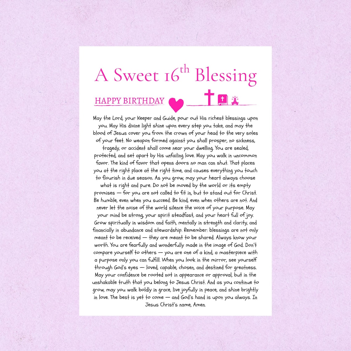Sweet 16 Birthday Card Blessing PRINTABLE Prayer Faith Based Christian ...
