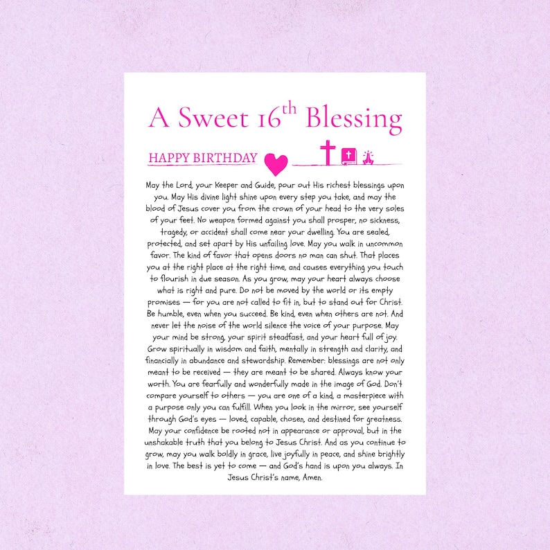 Sweet 16 Birthday Card Blessing PRINTABLE Prayer Faith Based Christian ...