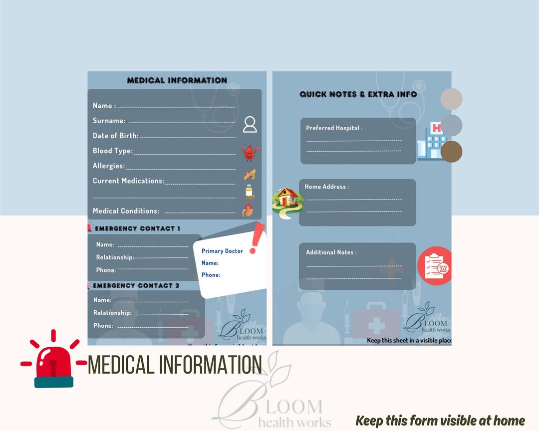 Emergency Medical Info Sheet | Printable & Fillable PDF | Emergency ...