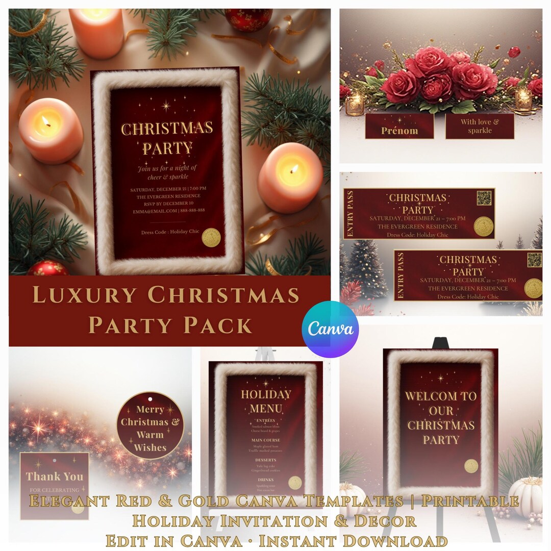 Christmas Party Pack | Red & Gold Holiday Bundle | Editable Canva ...