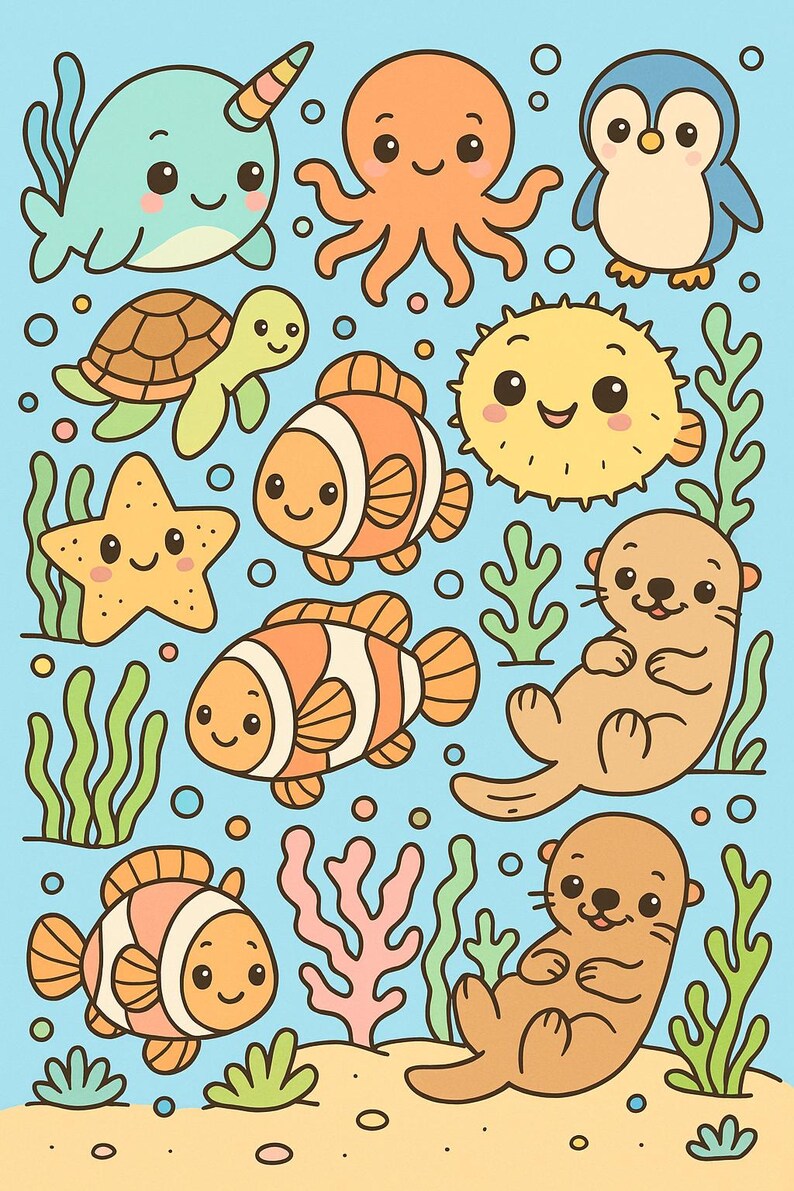 50 Cute Sea Animals Coloring Pages for Kids | Kawaii Ocean Creatures ...